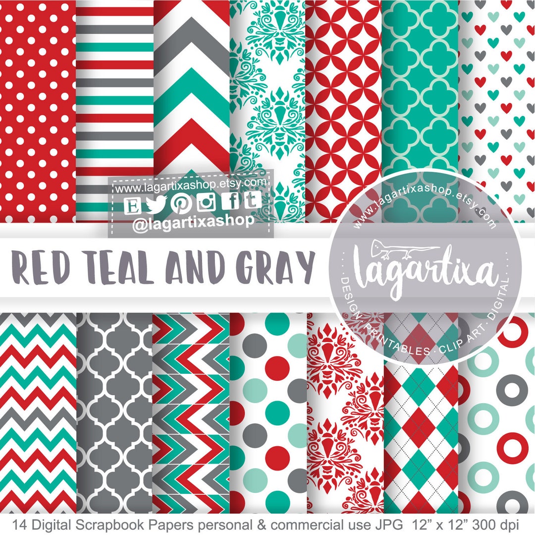 Christmas Patterns Red Turquoise Gray Digital Paper Cherry Red Teal ...