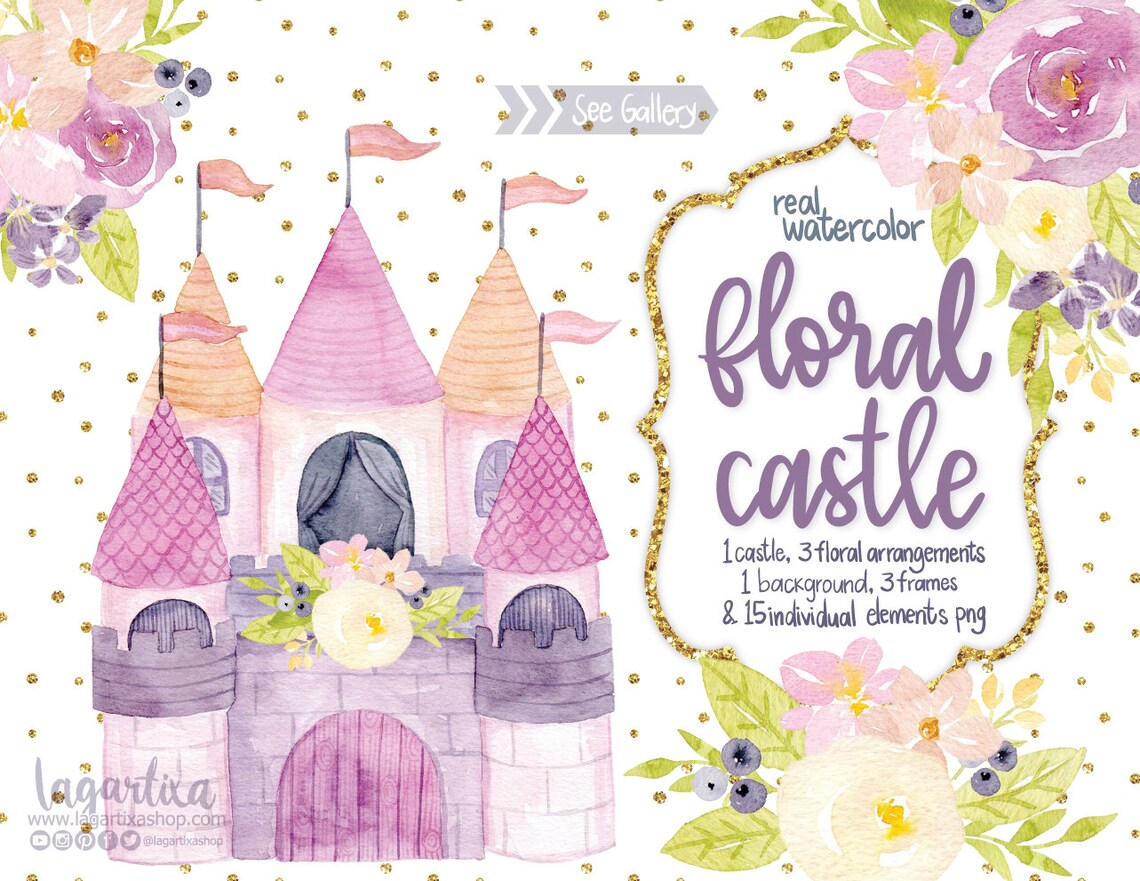 Princess Castle Florals Watercolor Flowers Clip Art Png | Etsy