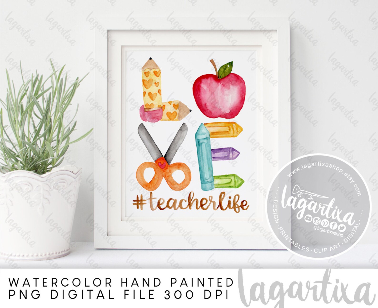 Teacher Apple Pencil Scissors Colors Watercolor LOVE Word Hand - Etsy