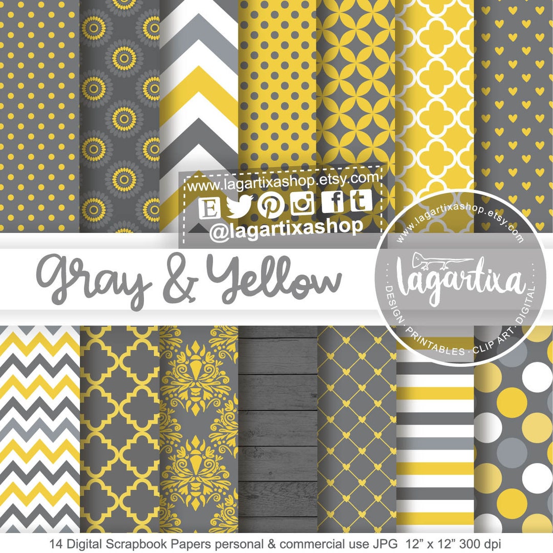 Dark Gray Yellow Digital Papers Patterns, Damask, Large Small Dots ...