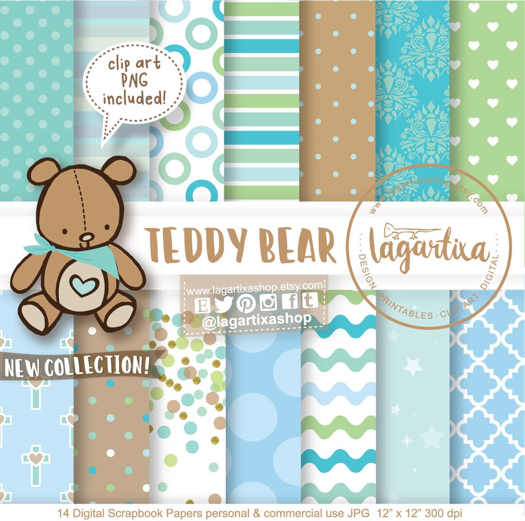 TEDDY BEAR Baby Boy Baby Blue Beige Digital Paper Clipart for Party ...