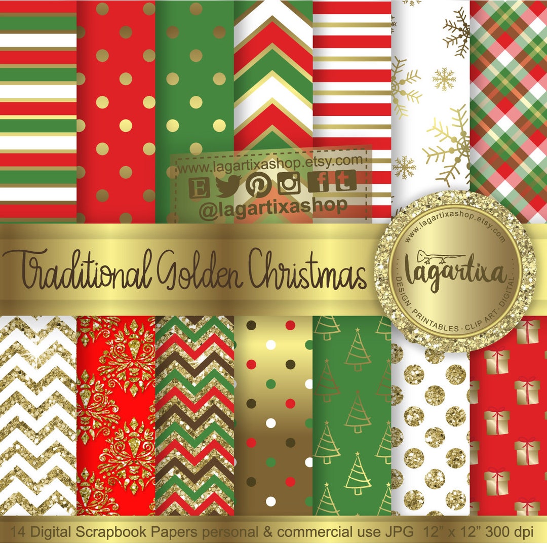 Gold Christmas Gold Digital Paper Red Green Brown White for Invitations ...