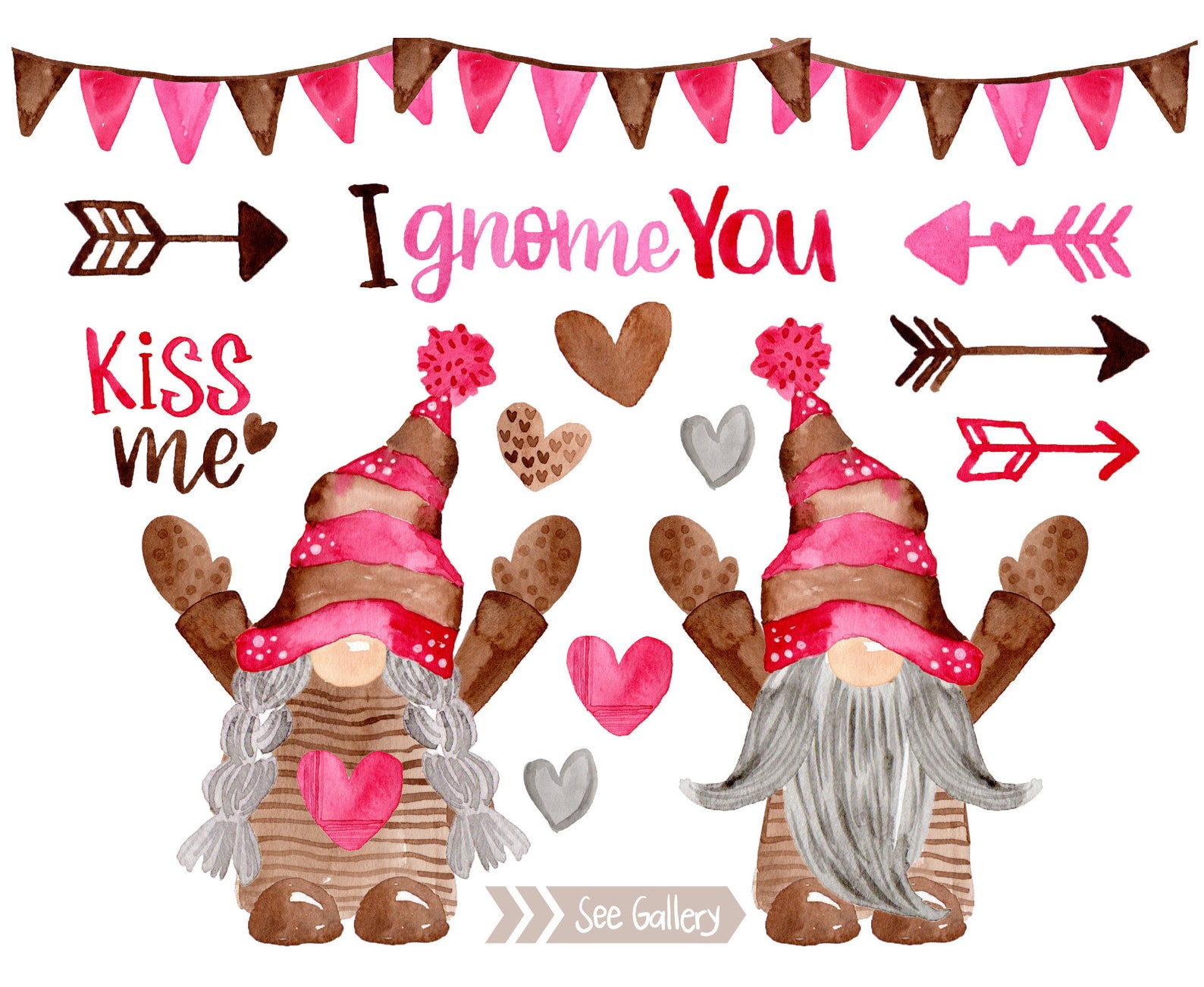 Valentine Gnomes Watercolor Cute Inlove Creator Pink Gnomes With Hearts ...