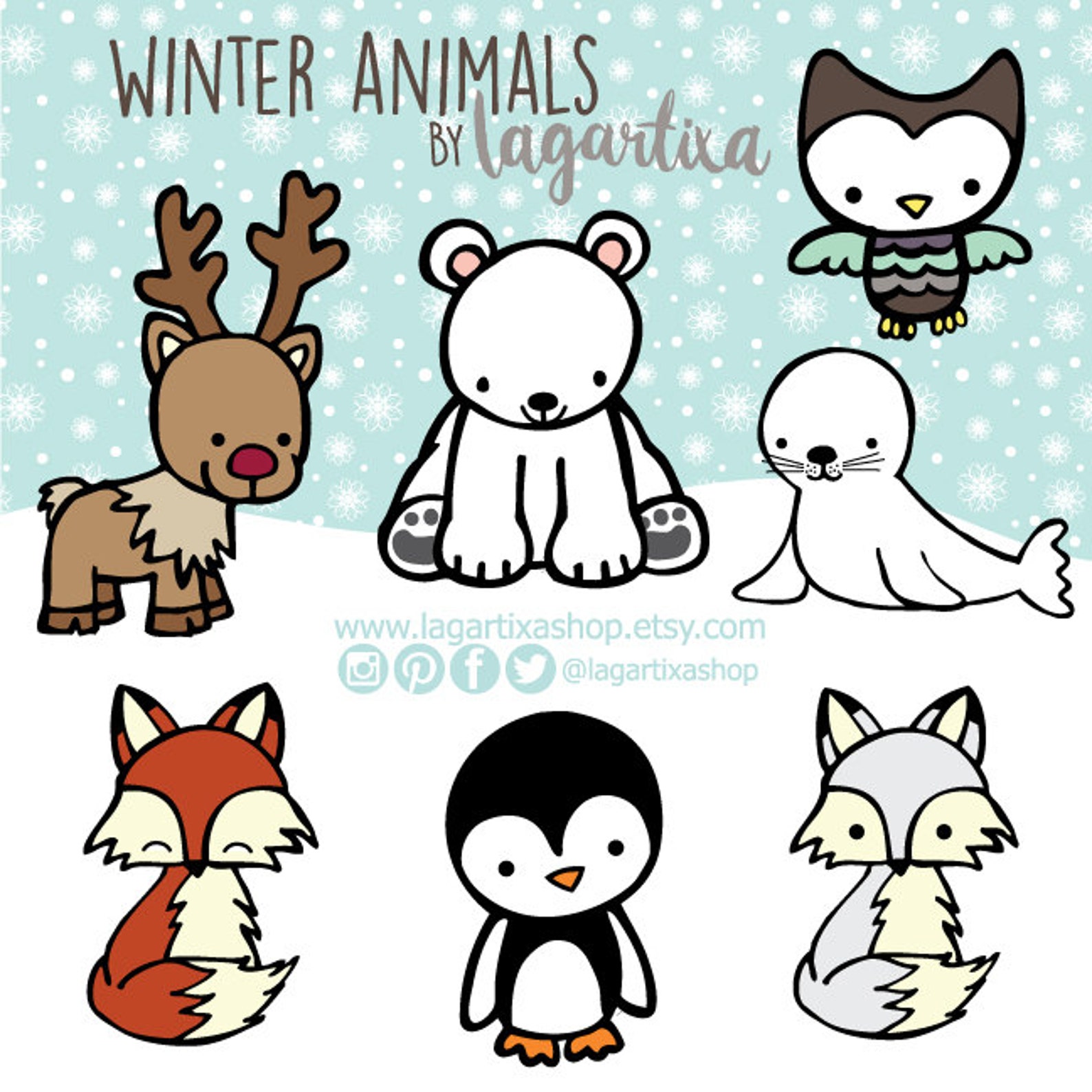 Winter Christmas Cute Animal Red and White Fox Polar Bear - Etsy