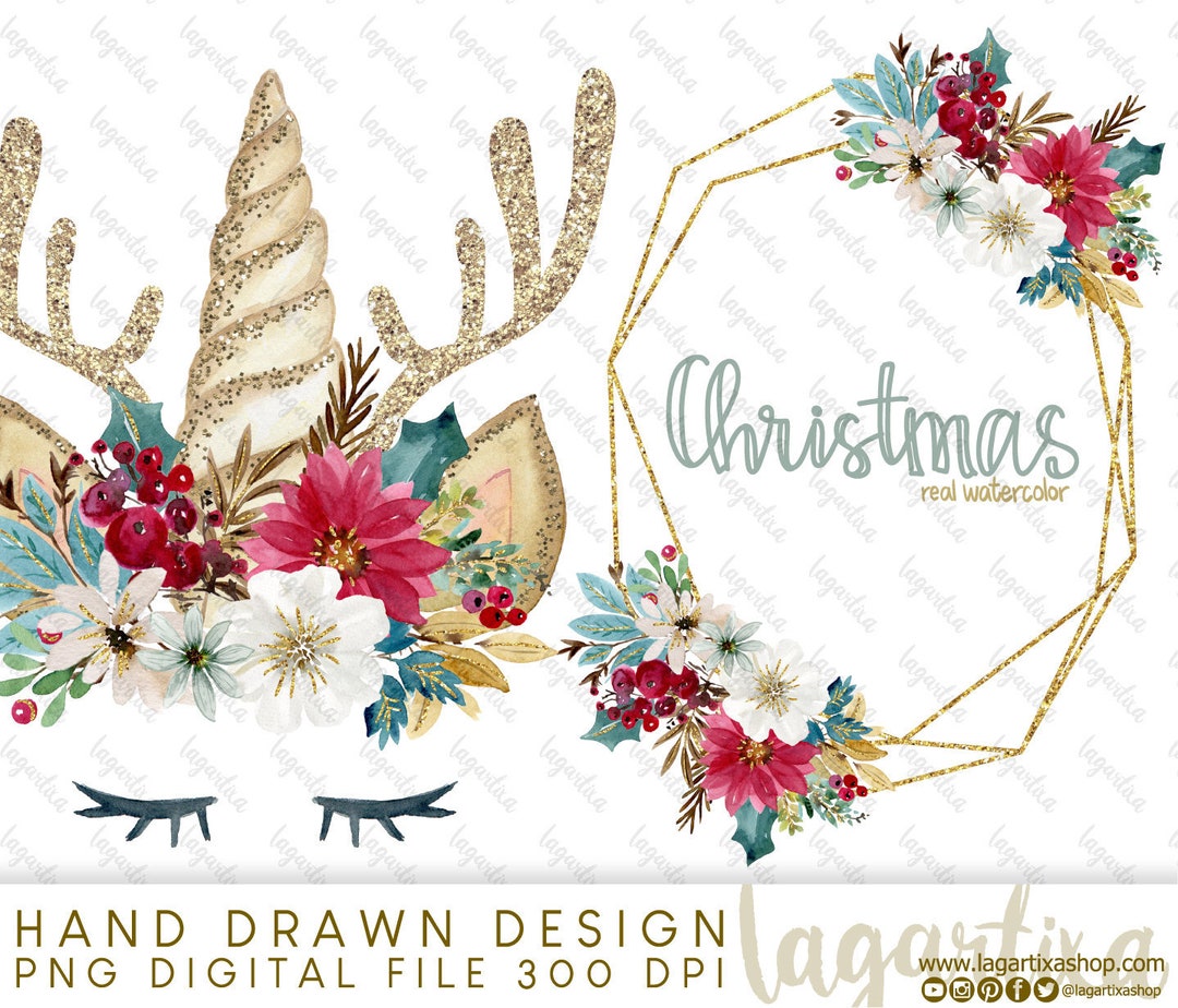 Christmas Reindeer Unicorn Clipart PNG Floral Watercolor Hand Painted ...
