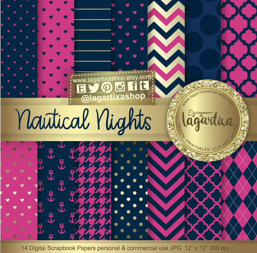 Digital Papel Navy and Gold Marine Hot Pink, Background Nautical Blue ...