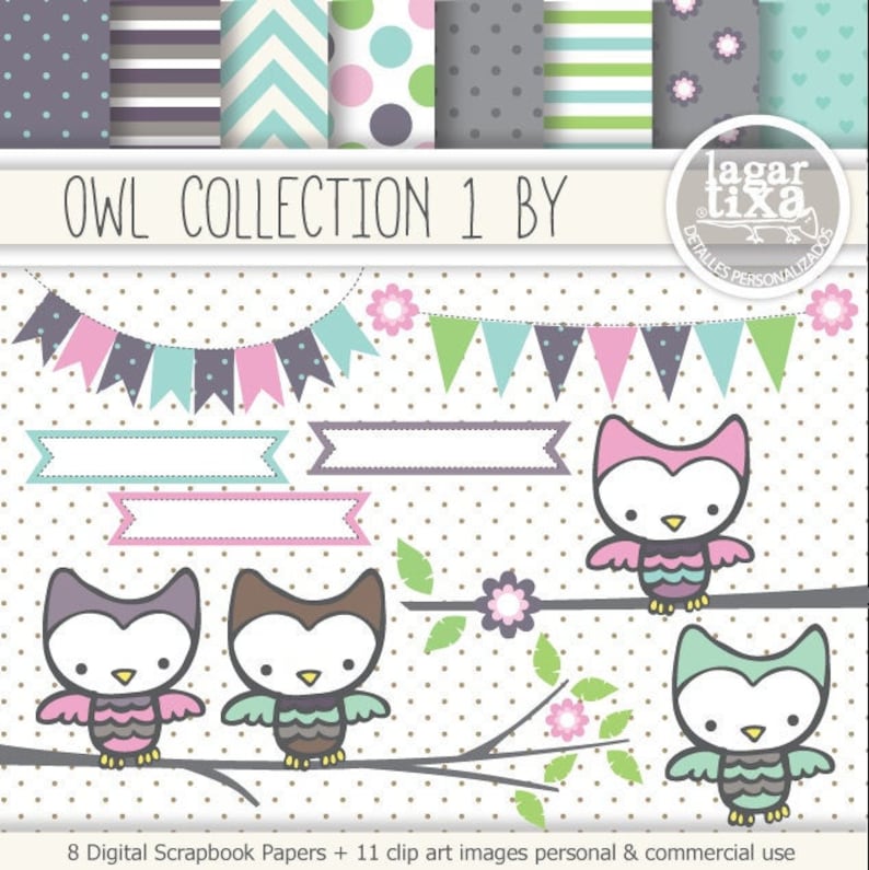 Baby Owls Tree Clip Art Pastel Pink Teal Green Purple Gray - Etsy