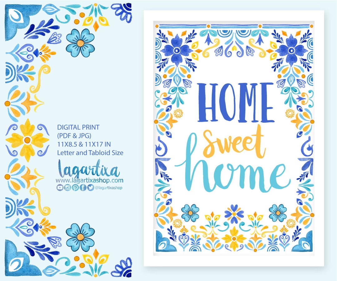 Welcome Sign HOME Sweet Home, Blue Tiles, Watercolor Floral PRINT Wall ...