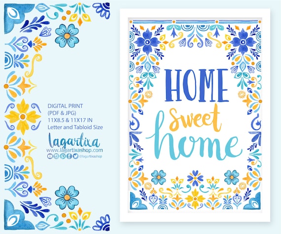 Welcome Sign HOME Sweet Home Blue Tiles Watercolor Floral - Etsy