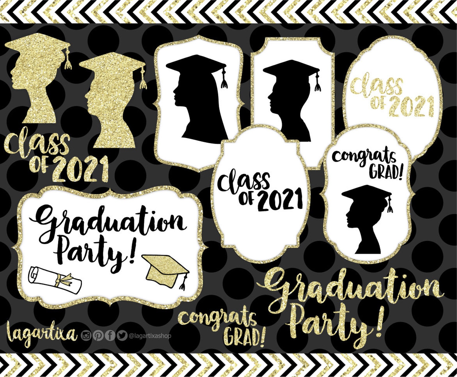 Graduation 2021 Black and Gold Glitter Lettering, Frames for ...