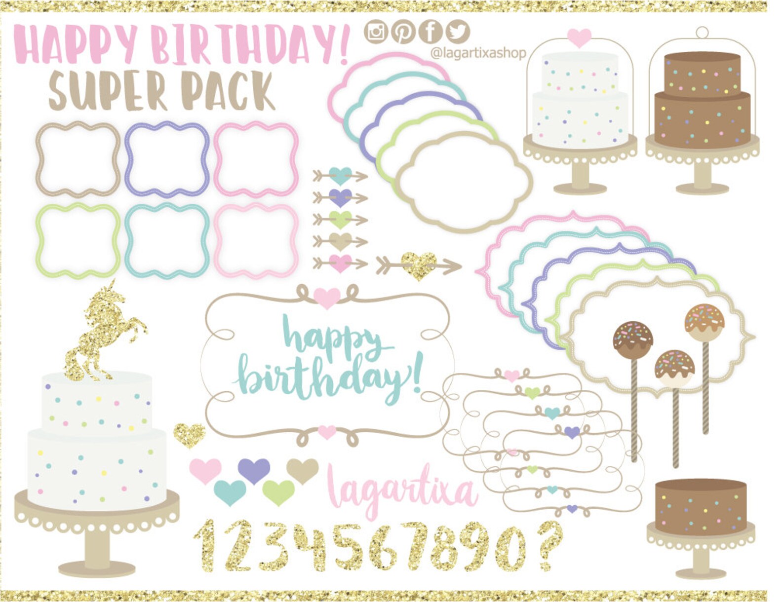 Glitter Unicorn Cake and Cake Pop, Frames for Invitations, Clip Art ...