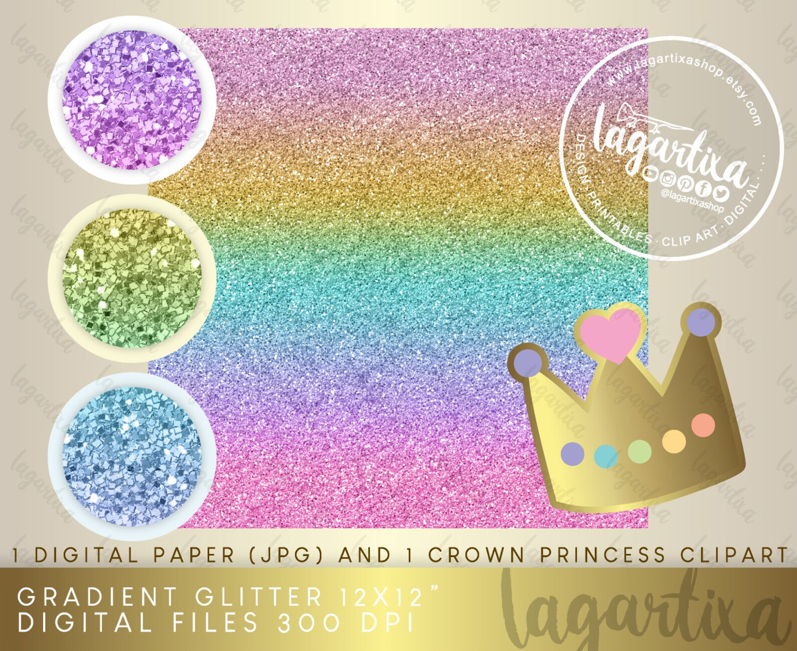 Pastel Rainbow Gradient Glitter Digital Paper and Princess | Etsy