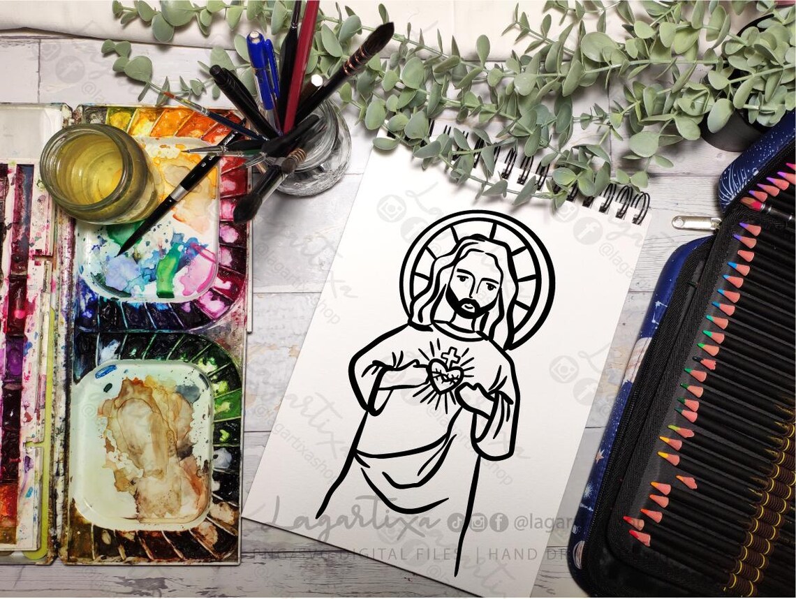 Sacred Heart of Jesus - Stylized Line Art Drawing, Instant Digital ...