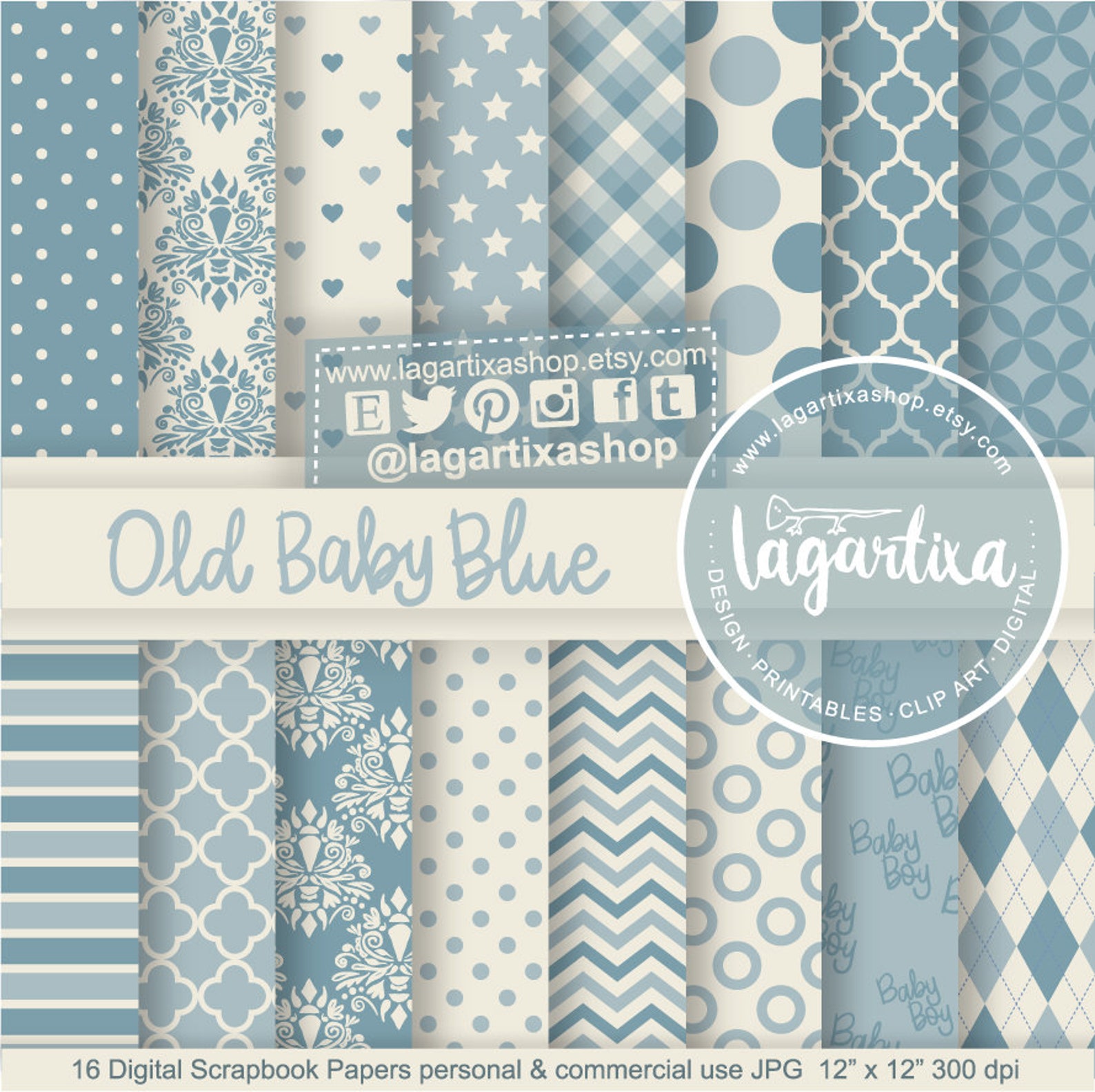 Blue Vintage Patterns Digital Paper Old Baby Blue Antique Beige ...