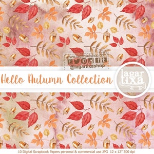 Autumn Fall Watercolor Leaves, Hand Painted Digital Papers, Rustic Wood ...