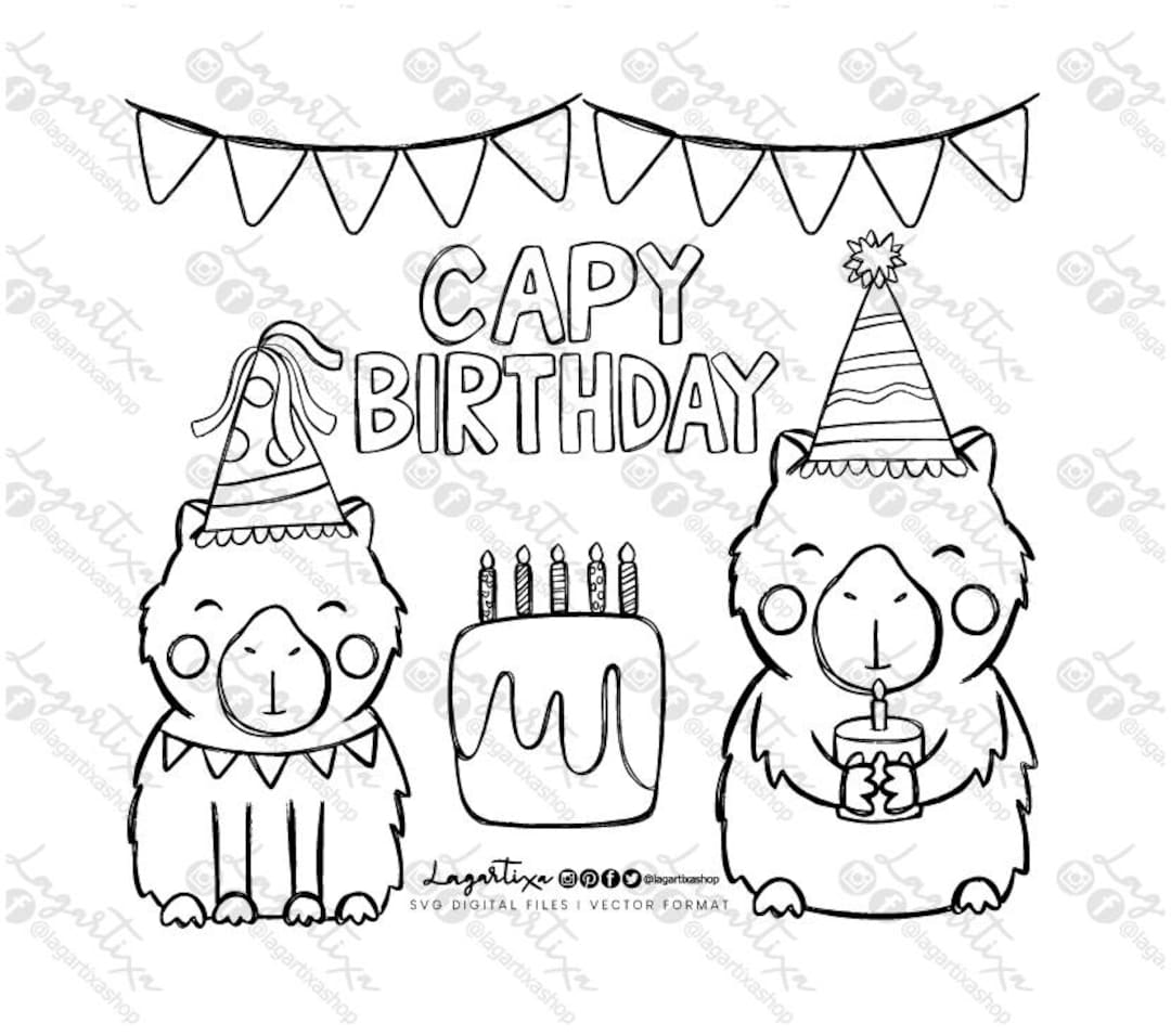 Capy Birthday Coloring Pages Vector Design SVG | Capybara Digital ...