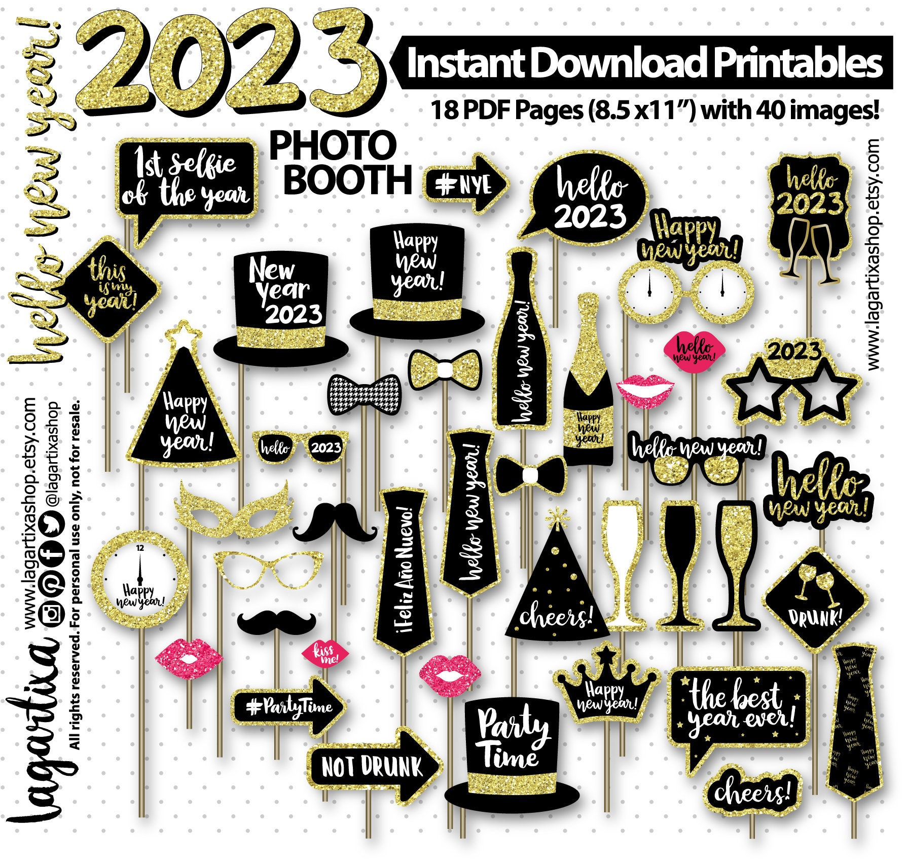 Photo Booth 2023 Props Printables Gold Glitter Black New - Etsy UK