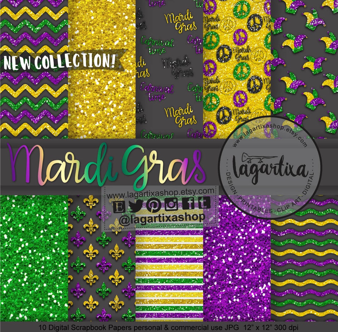 Mardi Gras Glitter Digital Paper Carnival Time | Glitter Purple, Green ...