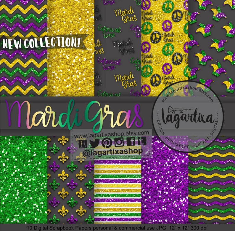 Mardi Gras Glitter Digital Paper Carnival Time | Glitter Purple, Green ...