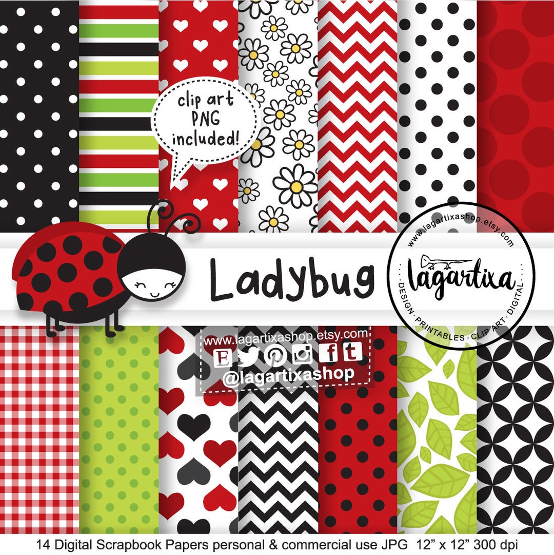 Red Ladybug Digital Paper Clipart, Red Black Green Leaves Patterns ...
