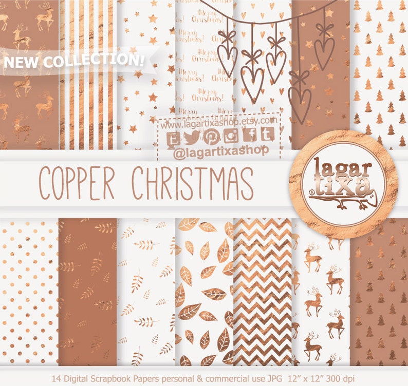 Copper and White Christmas Digital Paper Patterns Christmas Tree Snow ...