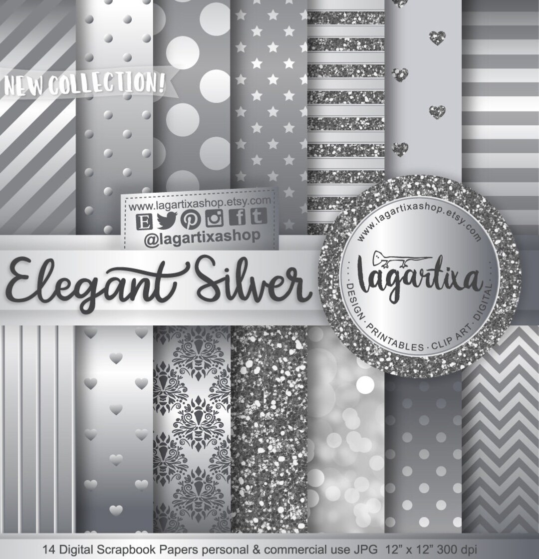 Silver Digital Paper Background Chevron Polka Dots Bokeh Damask Stripes ...