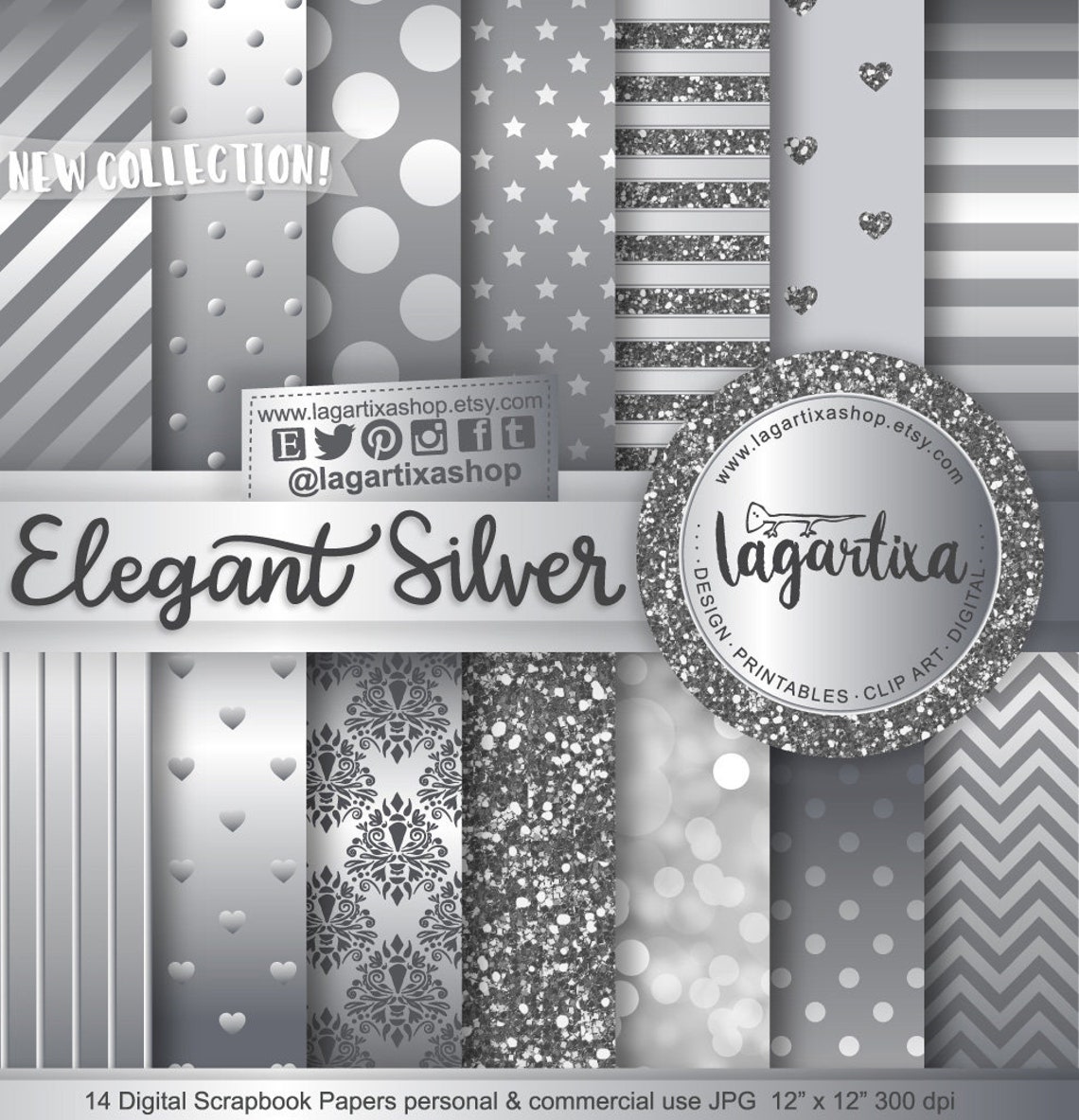 Silver Digital Paper Background Chevron Polka Dots Bokeh | Etsy