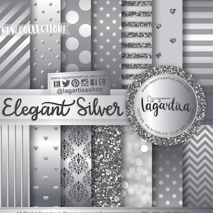 Silver Digital Paper Background Chevron Polka Dots Bokeh Damask Stripes ...