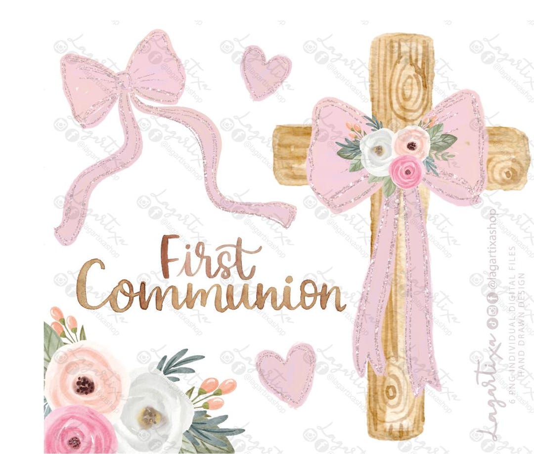 Coquette Cross With Bow, Floral Arrangement Watercolor Clipart, Wood ...