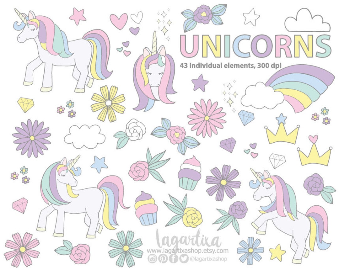 Pastel Unicorn Clip Art, Floral, Face, Runing, Clouds, Rainbow ...