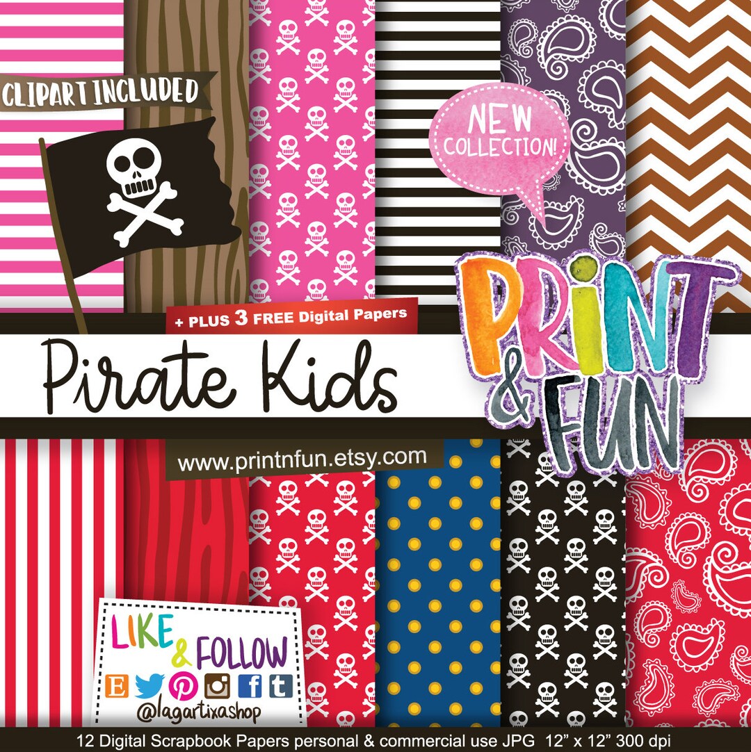 Pirate Digital Paper, Pink, Red, Black, Bandana, Skull Pirate Flag ...