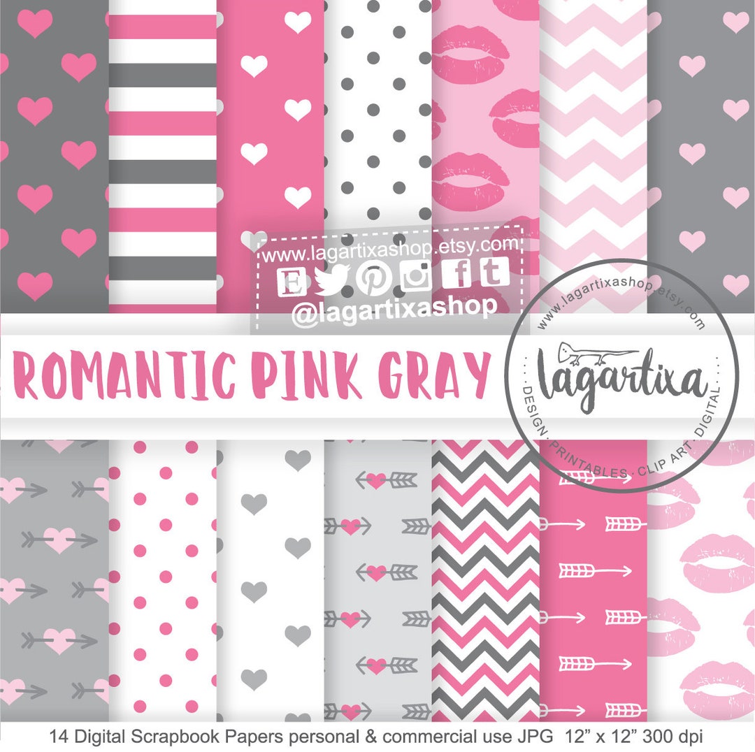 Valentine's Day Digital Paper Love Background Hearts Hot Pink Gray ...