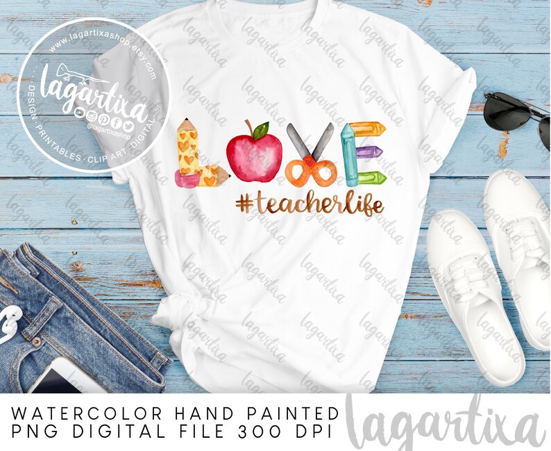 Teacher Apple Pencil Scissors Colors Watercolor LOVE Word Hand Painted ...