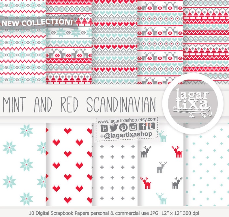 Red gray grey Scandinavian Nordic Christmas Digital paper | Etsy