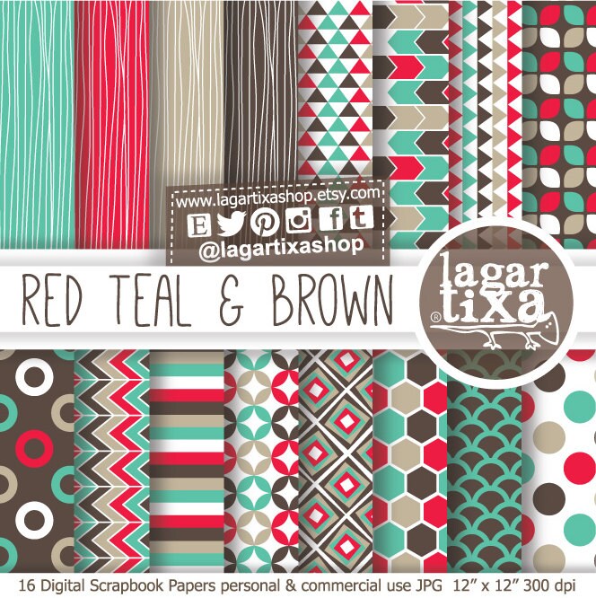 Geometric Digital Paper Cherry Red Teal Blue Acqua Brown Beige | Etsy