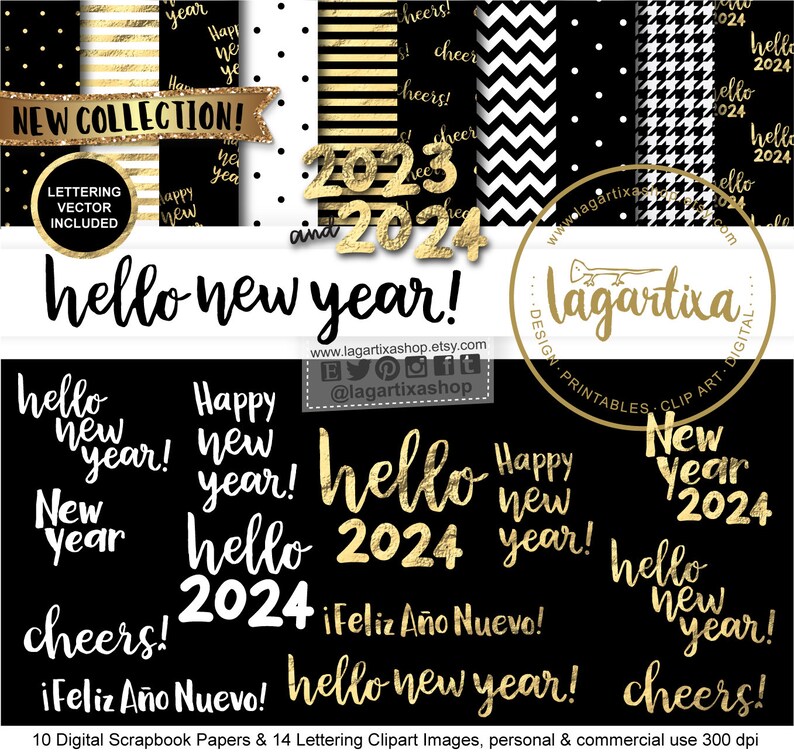 New Year's Eve 2023 2024 Gold Black Digital Paper - Etsy