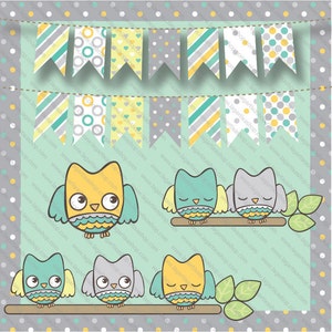 Cute Owls It's a Boy Yellow Green Gray Digital Paper Baby Shower Clip ...