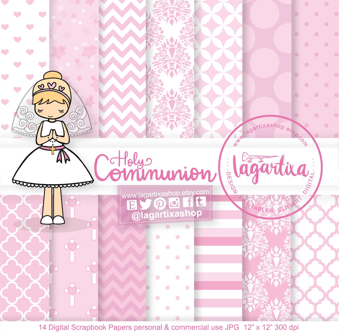 First Holy Communion Digital Paper Clip Art Pink Blonde Chevron Hearts ...