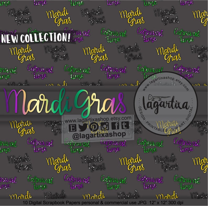 Mardi Gras Glitter Digital Paper Carnival Time | Glitter Purple, Green ...