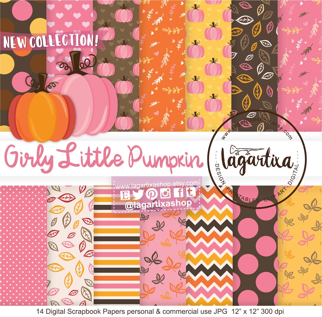 Pink Little Pumpkin, Girly Digital Paper, Patterns, Leaves, Autumn ...