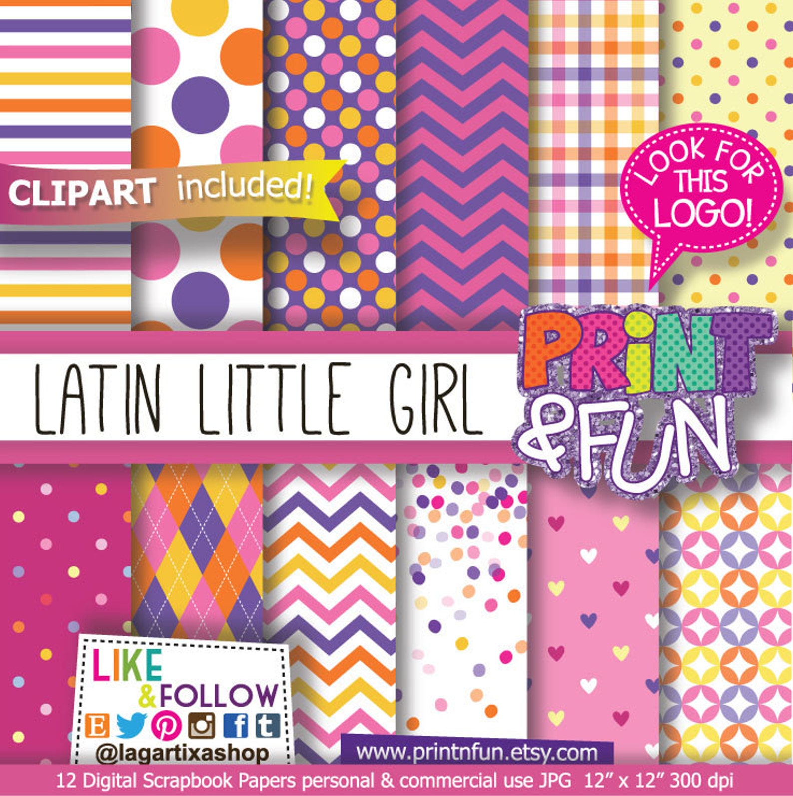 Hot Pink Orange Purple Yellow Digital Paper Patterns | Etsy