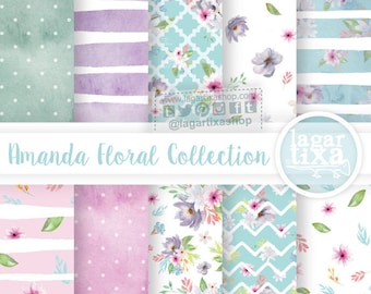 Purple Flowers Digital Papers Patterns Pastel Watercolor | Etsy