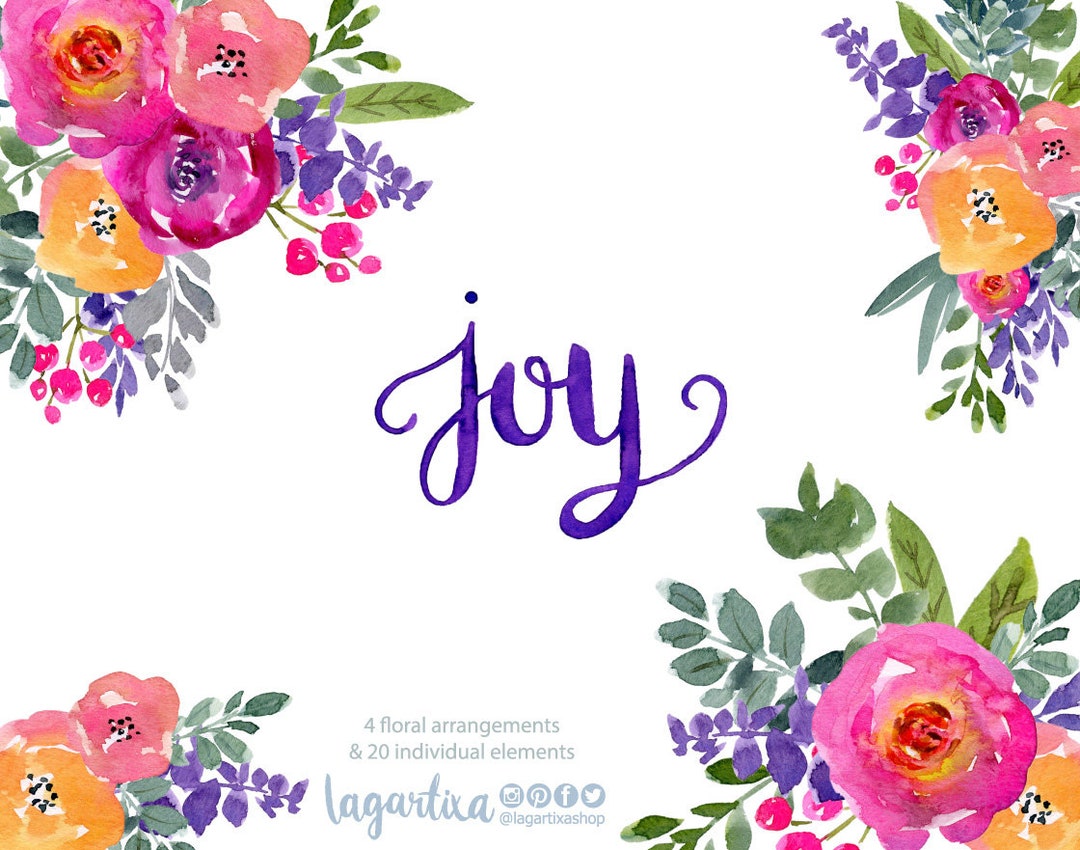 Watercolor Flowers Roses, Hot Pink and Orange Hand Painted Watercolor ...