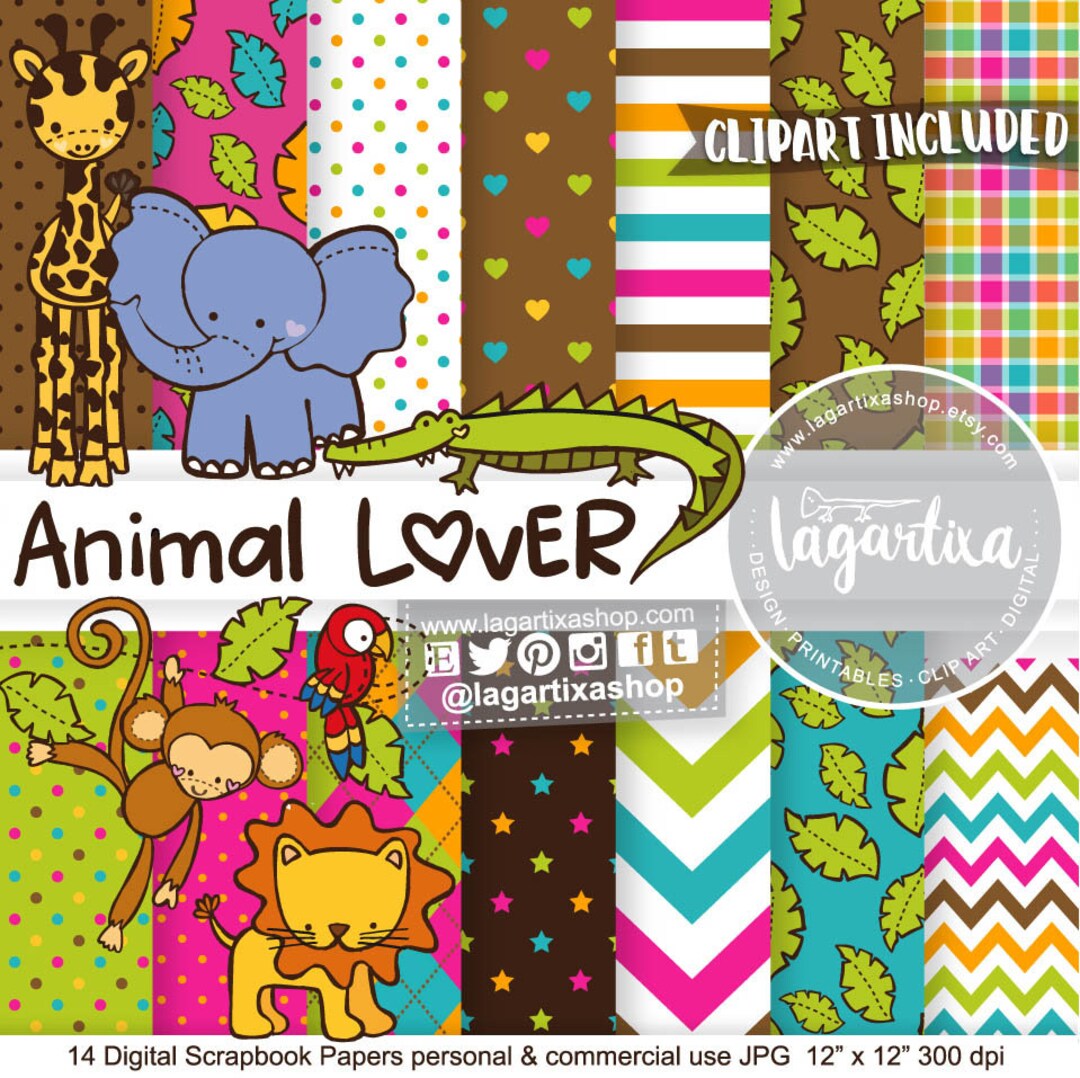 Safari Jungle Animals Digital Papers, Patterns, Clipart PNG Lion ...