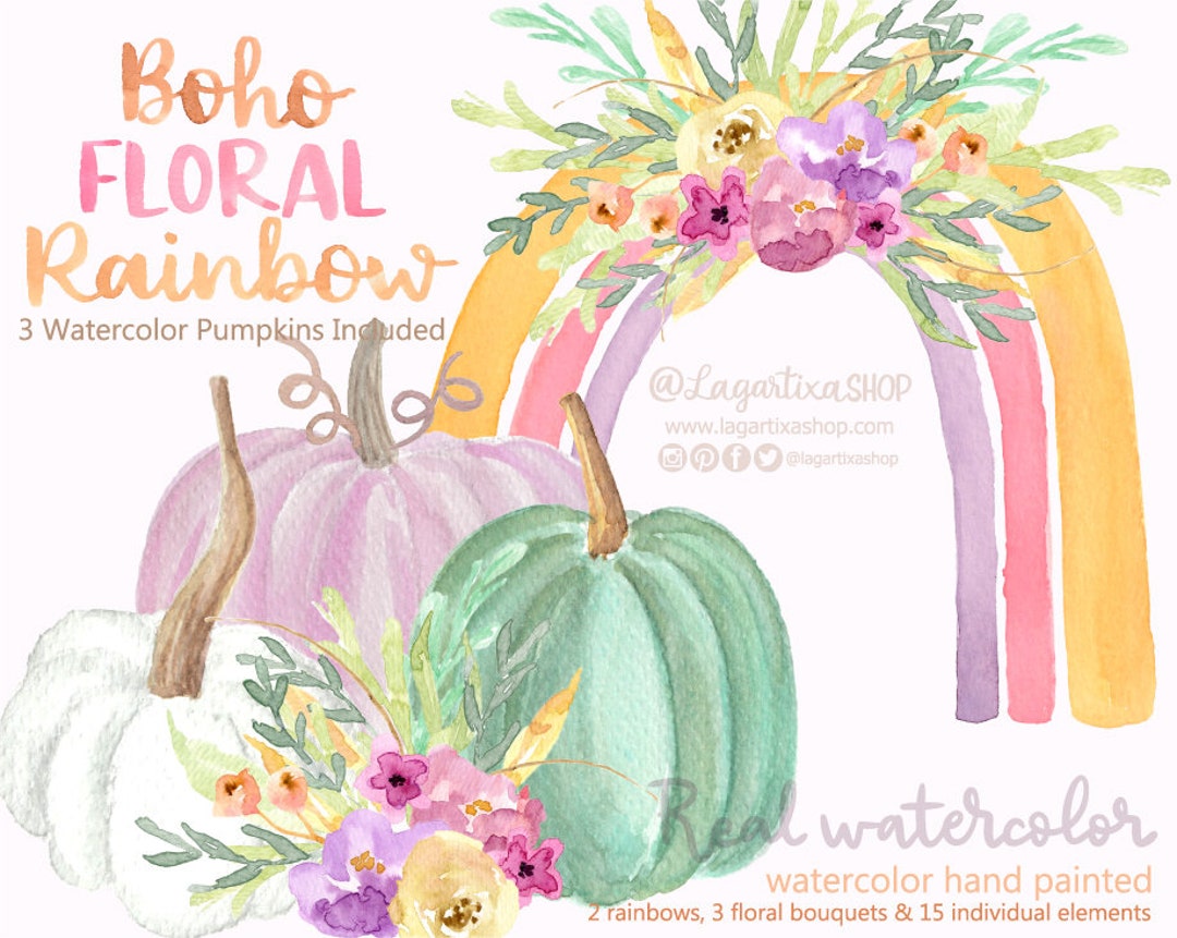 Boho Pumpkins Floral Rainbow Watercolor Clipart, Image PNG, Flowers ...