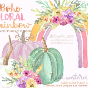 Boho Pumpkins Floral Rainbow Watercolor Clipart, Image PNG, Flowers ...