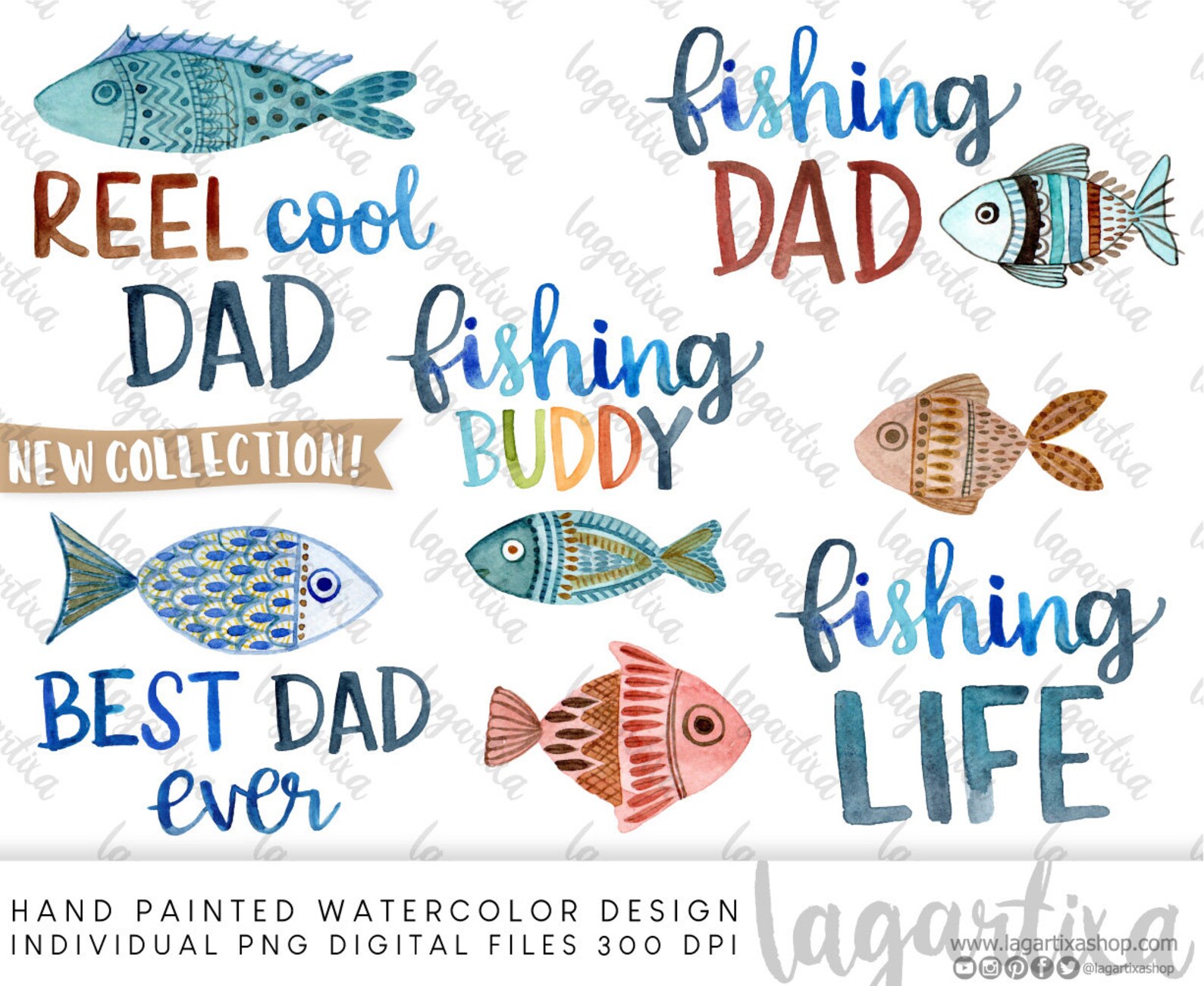 Father's Day Fish Dad Watercolor Lettering Fishes Clipart - Etsy