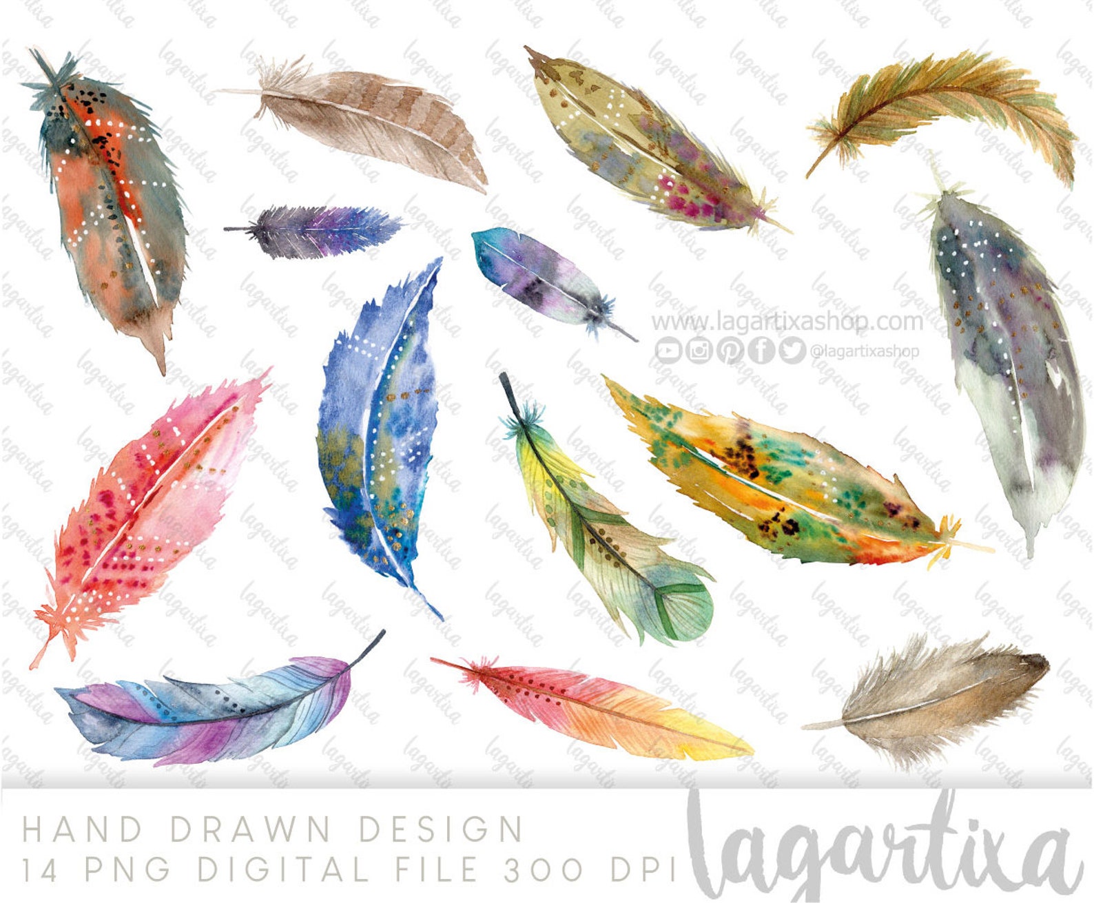 Boho Feathers Watercolor Individual Clipart PNG, Birds Feathers Hand ...