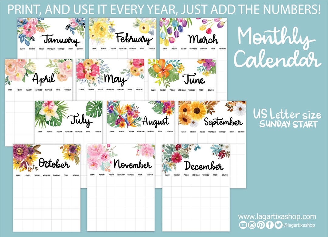 Floral Calendar Reusable Printable Monthly Planner Watercolor - Etsy