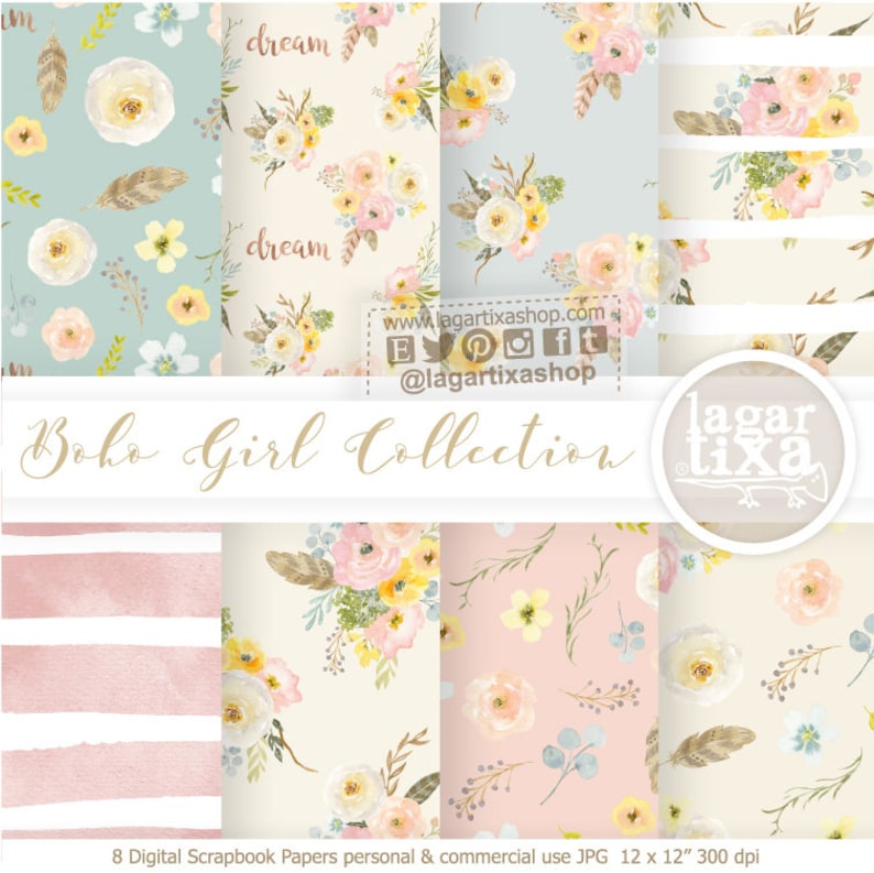 Watercolor Floral Boho Digital Paper, Boho Patterns, Pink, Beige ...